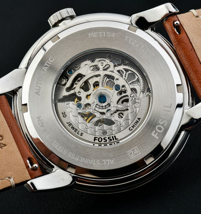Fossil Townsman ME3154 Automatic Blue Skeleton Dial Light Brown Leather ...