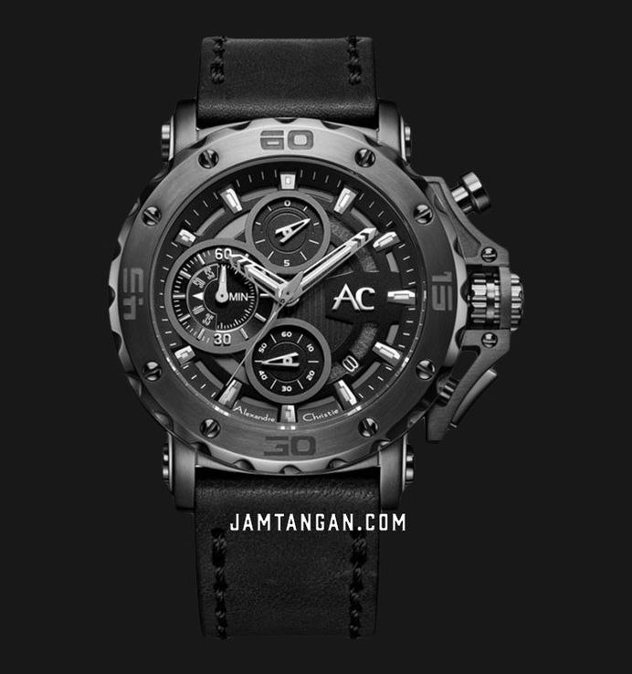 Alexandre Christie Chronograph AC 9205 MC LIPBA Men Black Dial Black Leather Strap | Jamtangan.com