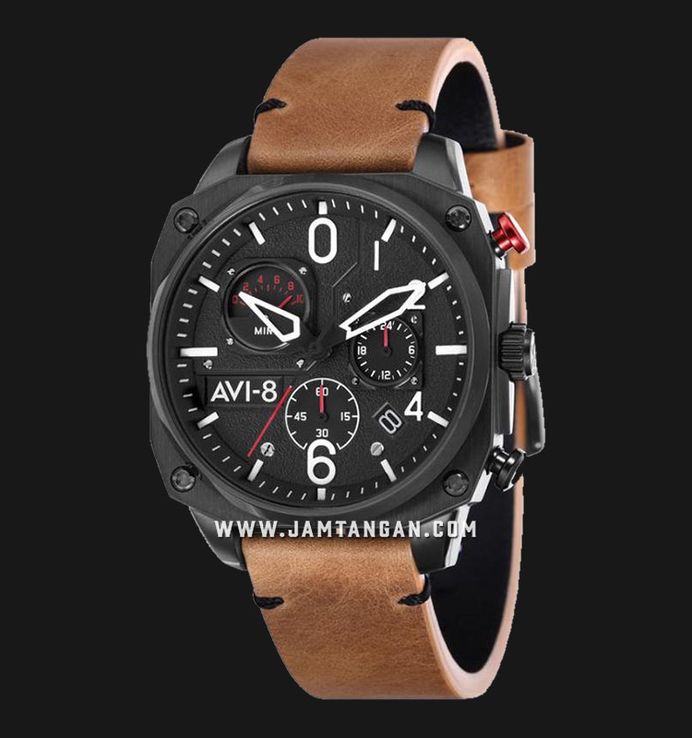 AVI-8 Hawker Hunter AV-4052-02 Retrograde Chronograph Black Dial Brown Leather Strap | JAMTANGAN.COM