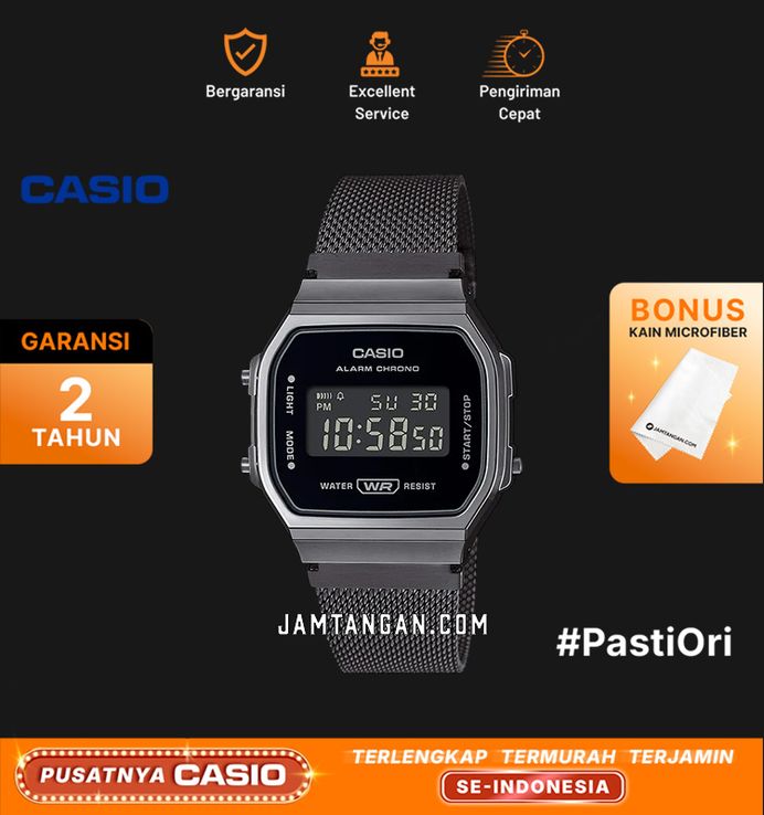 Casio General A168WEMB-1BDF Black Digital Dial Gunmetal Mesh Band ...
