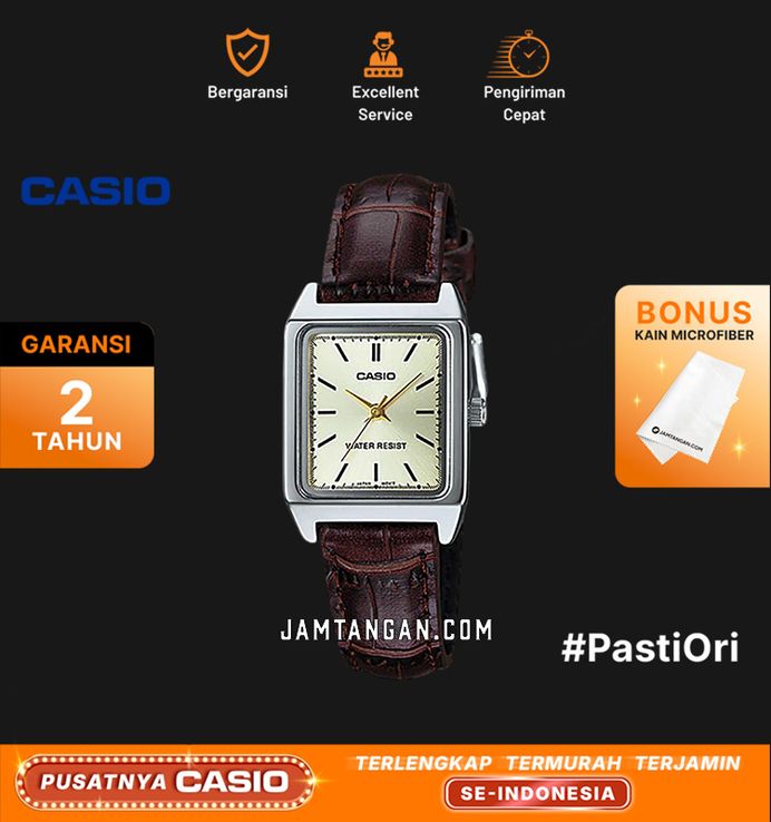 Casio General LTP-V007L-9EUDF Tank Champagne Dial Brown Leather Band ...