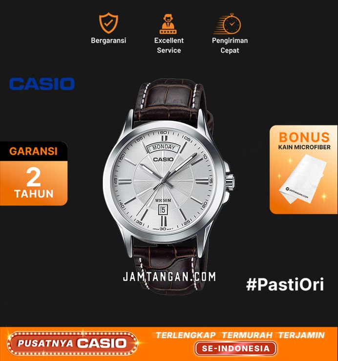 Casio General MTP-1381L-7A MTP-1381L-7AVDF Enticer Men Silver Dial Brown Leather Band ...