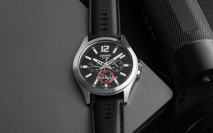 Casio MTP-E350L-1BVDF Men Black Dial Black Leather Band | Jamtangan.com