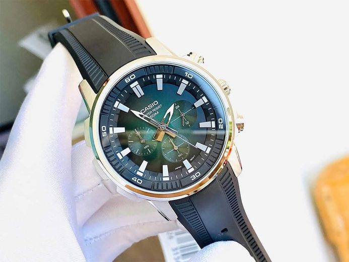 Casio General MTP-E505-3A MTP-E505-3AVDF Chronograph Green Dial Black Resin Band | JAMTANGAN.COM