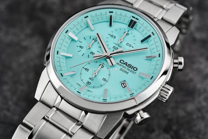 Casio General MTP-E510D-2A MTP-E510D-2AVDF Chronograph Men Baby Blue Dial Stainless Steel Band ...