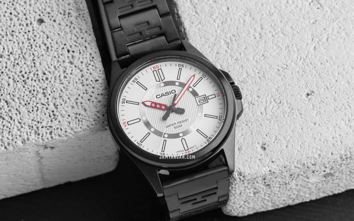 Casio MTP-E700B-7E MTP-E700B-7EVDF Men White Dial Black Stainless Steel Band | Jamtangan.com