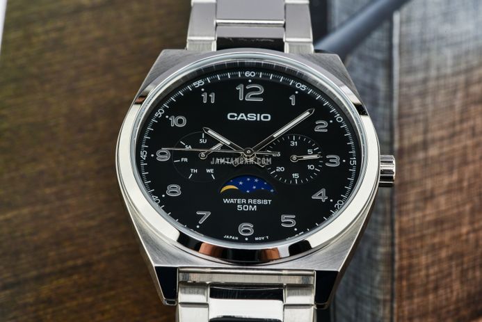 Casio General MTP-M300D-1A MTP-M300D-1AVDF Men Moon Phase Black Dial Stainless Steel Band ...