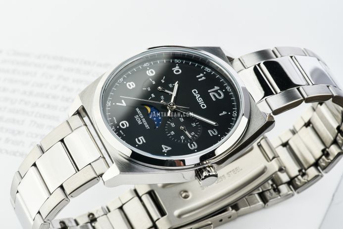 Casio General MTP-M300D-1A MTP-M300D-1AVDF Men Moon Phase Black Dial Stainless Steel Band ...