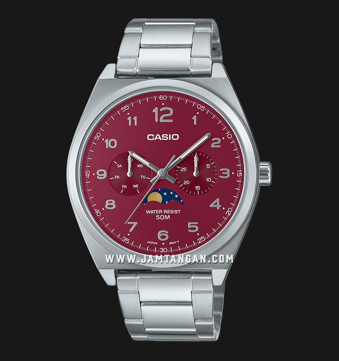 Casio General MTP-M300D-4AVDF Men Moon Phase Red Dial Stainless Steel ...