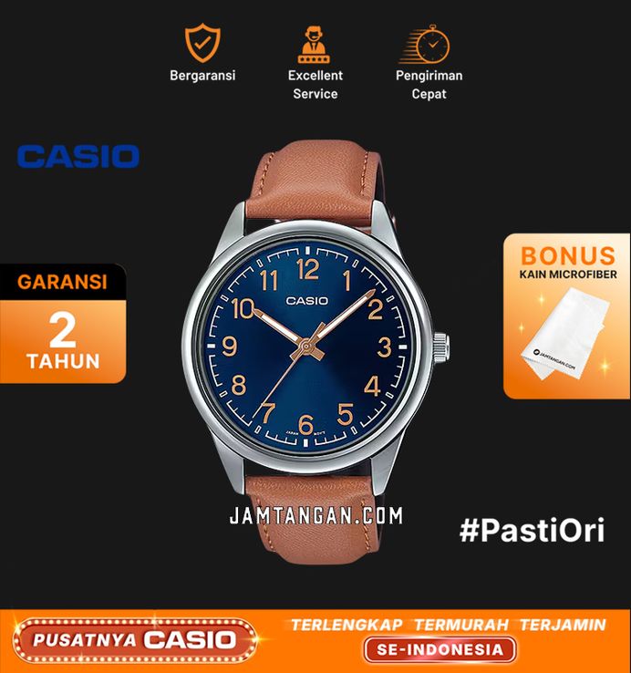 Casio General MTP-V005L-2B4UDF Blue Dial Tan Leather Band | Jamtangan.com