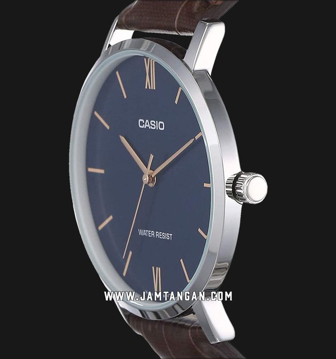 Casio General MTP-VT01L-2BUDF Analog Men Blue Dial Brown Leather Band | Jamtangan.com