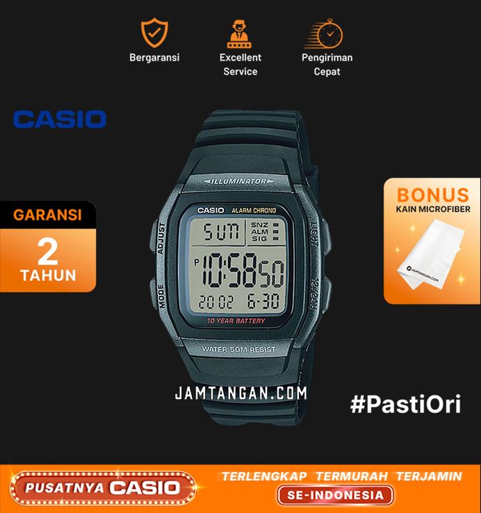Casio General W-96H-1B W-96H-1BVDF 10 Year Battery Digital Dial Black Resin Band | Jamtangan.com
