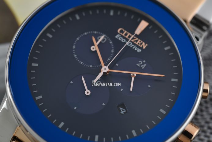 Citizen Eco Drive AT2244-84L Men Chronograph Blue Dial Dual Tone Stainless Steel Strap ...