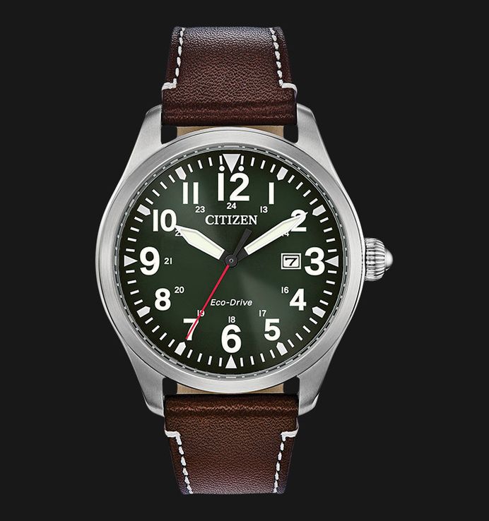 Citizen Eco-Drive BM6838-09X Garrison Men Green Dial Dark Brown Leather ...