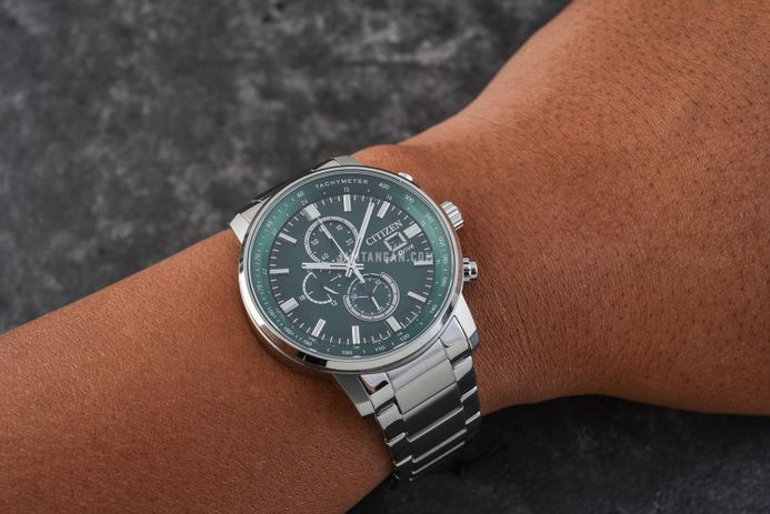Citizen Eco Drive CA0840-87X Men Chronograph Green Dial Stainless Steel ...