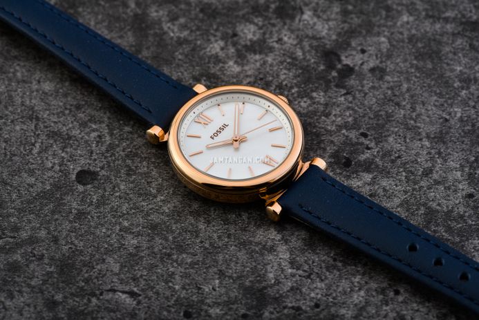 Fossil Carlie ES4502 Mini Mother of Pearl Dial Blue Navy Leather Strap ...