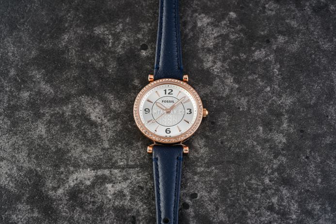 Fossil Carlie ES5295 Ladies Silver Dial Blue Leather Strap | JAMTANGAN.COM