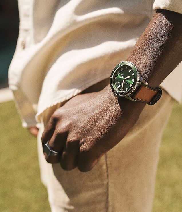 Fossil Blue FS5946 Men Green Dial Tan Eco Leather Strap | JAMTANGAN.COM