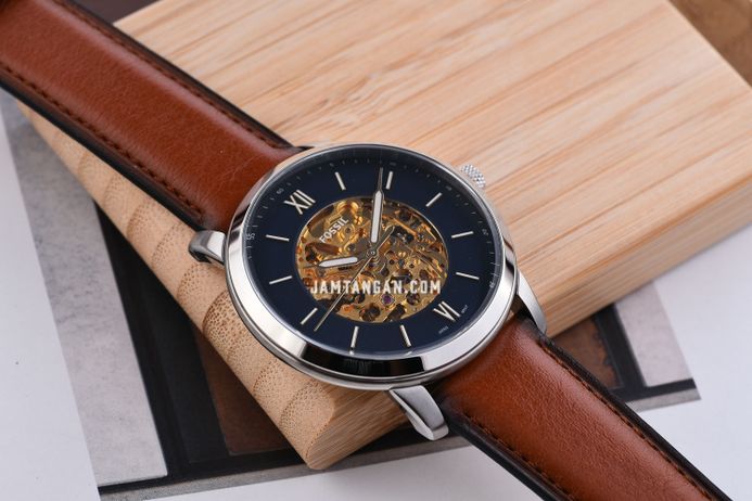 Fossil Neutra ME3160 Automatic Blue Gold Skeleton Dial Brown Leather ...