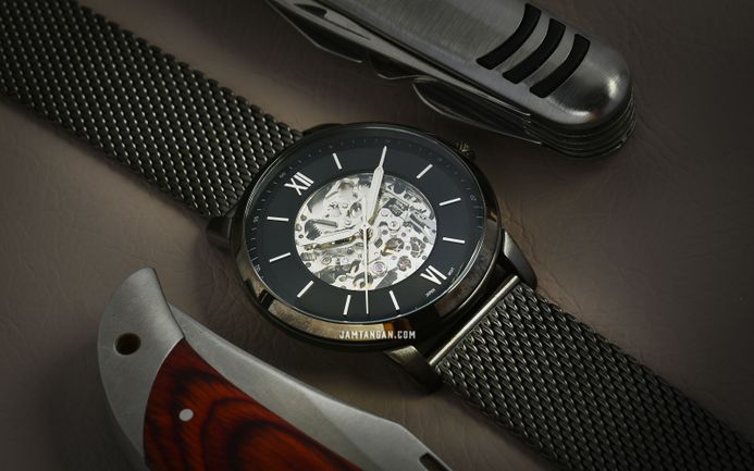 Fossil Neutra ME3185 Automatic Skeleton Dial Black Mesh Strap ...