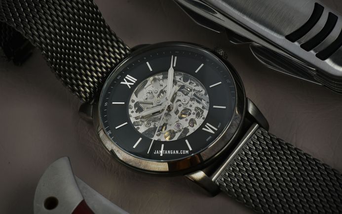 Fossil Neutra ME3185 Automatic Skeleton Dial Black Mesh Strap ...