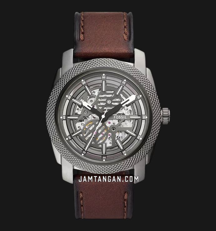 Fossil Machine ME3254 Men Automatic Skeleton Grey Dial Brown Leather ...