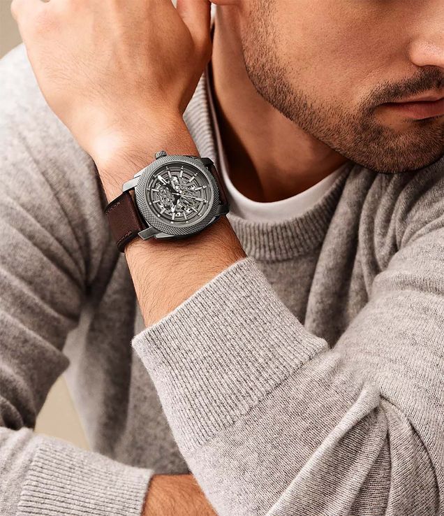 Fossil Machine ME3254 Men Automatic Skeleton Grey Dial Brown Leather ...
