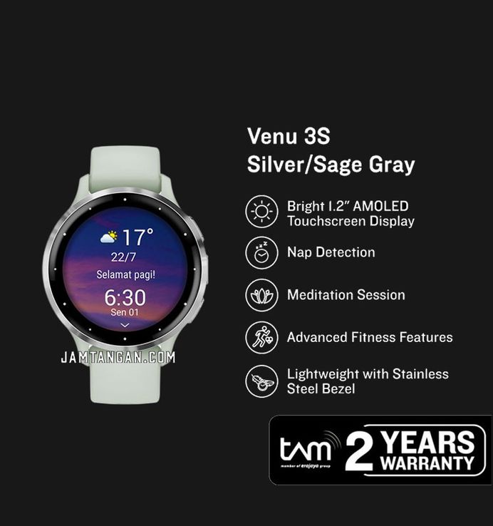 Garmin Venu 3S 010-02785-51 Smartwatch Digital Dial Sage Grey Silicone Band | Jamtangan.com