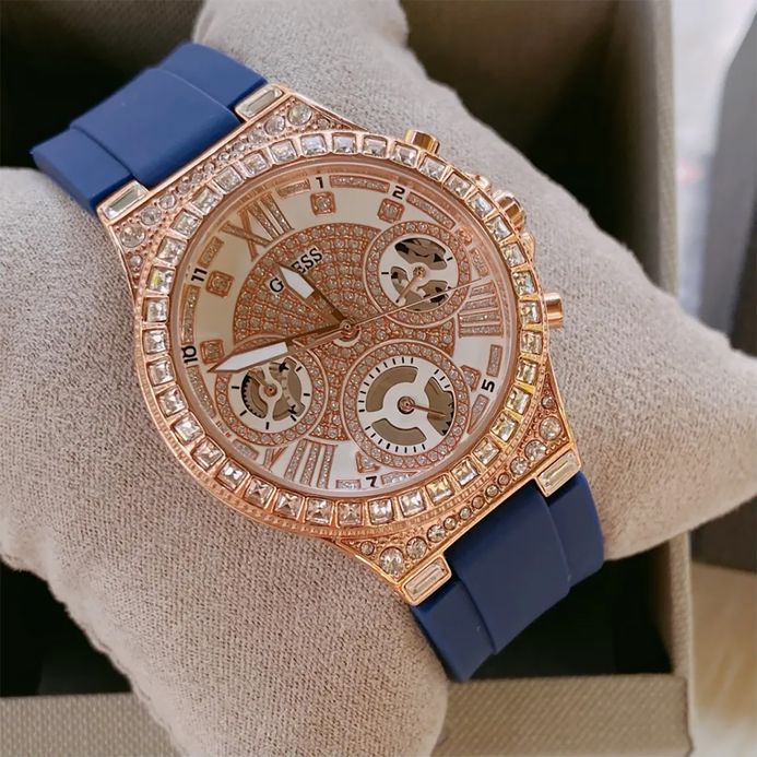 Guess Moonlight GW0257L3 Chronograph Glitz Rose Gold Dial Blue Silicone ...