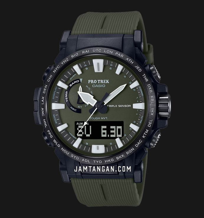 Casio Pro Trek PRW-61Y-3 PRW-61Y-3JF Tough Solar Black Digital Analog Dial Army Green Resin Band ...