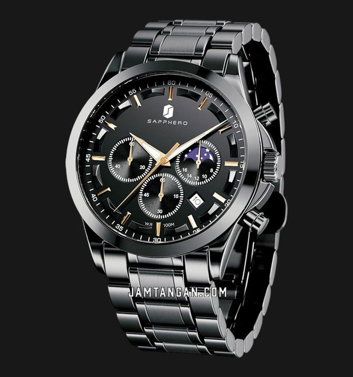 Sapphero SO-2104-3BLKBLKBLK Men Chronograph Moonphase Black Dial Black ...