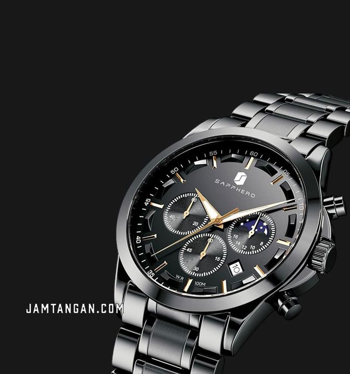 Sapphero SO-2104-3BLKBLKBLK Men Chronograph Moonphase Black Dial Black ...