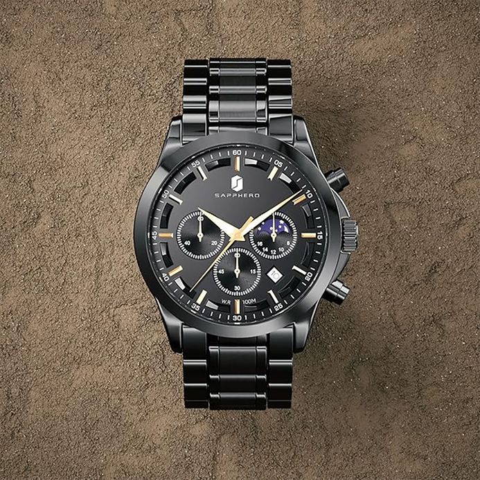 Sapphero SO-2104-3BLKBLKBLK Men Chronograph Moonphase Black Dial Black ...