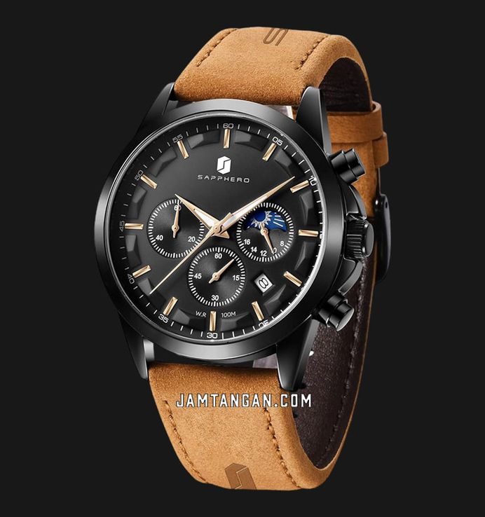 Sapphero SO-2104-7BRNBLKBLK Men Chronograph Moonphase Black Dial Brown ...