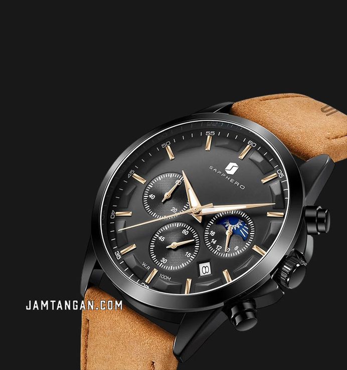 Sapphero SO-2104-7BRNBLKBLK Men Chronograph Moonphase Black Dial Brown ...