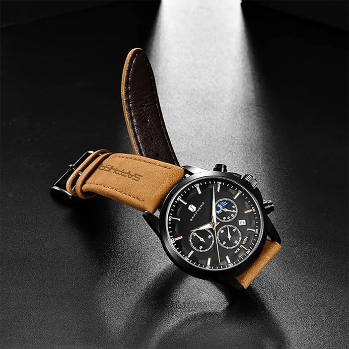 Sapphero SO-2104-7BRNBLKBLK Men Chronograph Moonphase Black Dial Brown ...