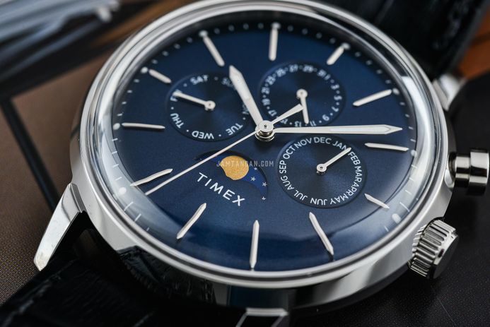 Timex Marlin TW2W51200 Moon Phase Multifunction Blue Dial Black Leather ...