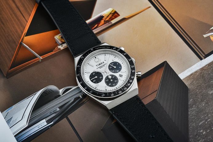 Timex Q TW2W53400 Men Chronograph Panda Dial Black Leather Strap ...