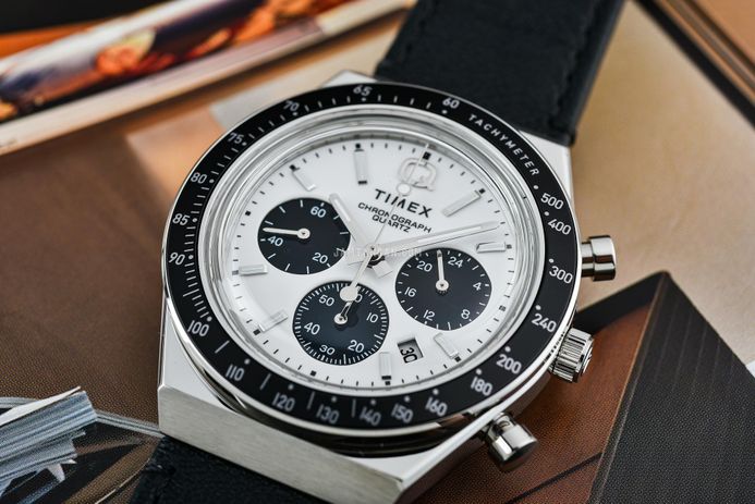 Timex Q TW2W53400 Men Chronograph Panda Dial Black Leather Strap ...